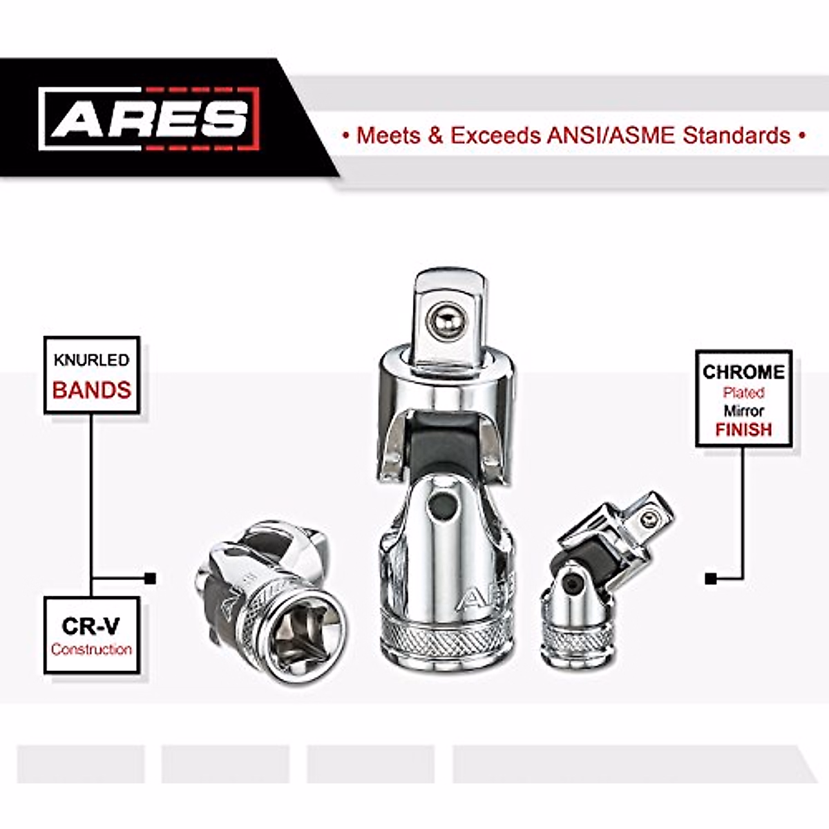 ARES 70197-3-Piece Universal Joint Socket Set - Includes 1/4-Inch, 3/8-Inch, and 1/2-Inch Drive U-Joints - Storage Rail Included