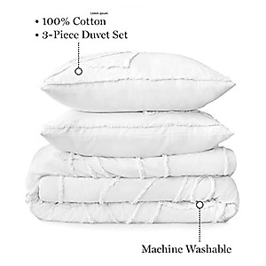 MARTHA STEWART Sophia Medallion Chenille Duvet Cover Queen Size, 3 Piece Set- 1 Duvet Cover, 2 Pillow Shams, Cotton-Percale, Soft, Reversible, Easy Wash, All Season 90"x92" with Button Closure, White