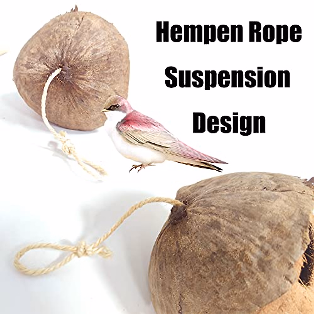 PINVNBY Natural Coconut Bird Hide Nest Hut House Coconut Shell Breeding Bird Nest Coconut Fiber Hanging Birdhouse Cage Habitats Decor for Pet Parrot Budgies Parakeet Lovebird Finch Canary(2 Packs)