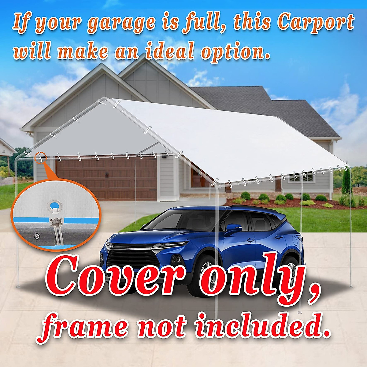 Strong Camel Carport Conopy Cover 10'x20' Replacement for Car Tent Outdoor Top Garage Shelter with Ball Bungees,Without Edge,White(Only Cover, Frame Not Included)