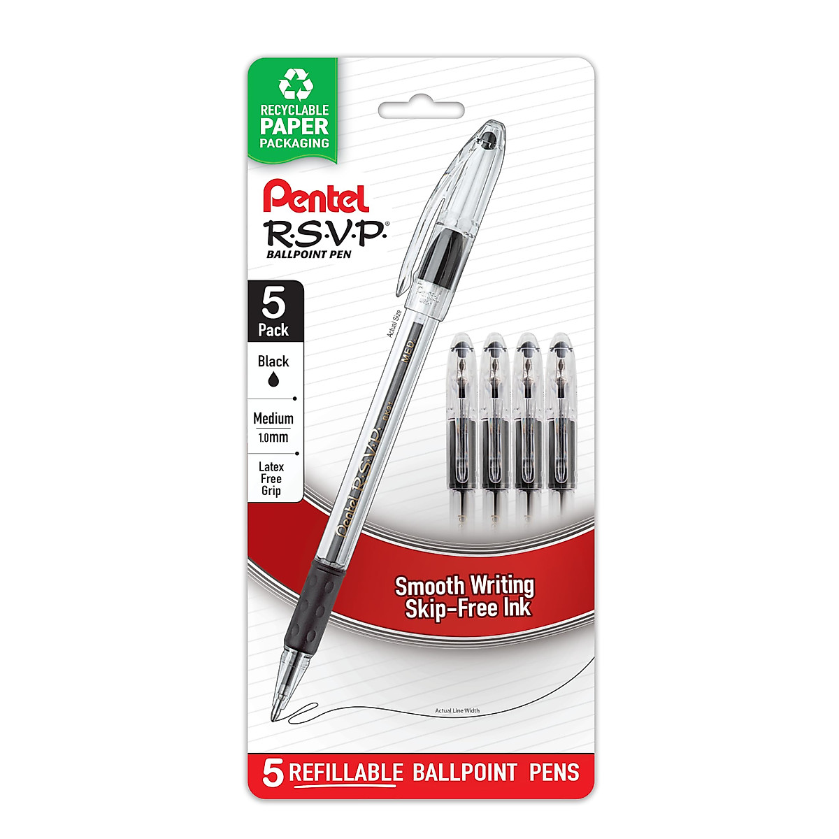 Pentel R.S.V.P. Ballpoint Pen, Medium Line, Black Ink, 5 Pack (BK91BP5A)