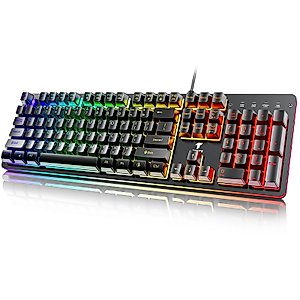 TECURS Membrane Gaming Keyboard - 104 Keys Full Size Programmable RGB Backlit Computer Keyboard, Silent USB Wired Keyboard with Multimedia Keys, Anti-ghosting Keys for Windows Desktop Laptop PC, Black