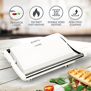 Cassia Panini Maker - 750 Watt 2-Slice Press Grill with Indicator Lights | Opens 180 Degrees | Double Sided Heating | Non-stick Cooking | Cool Touch Handle | Easy to Clean, Cream