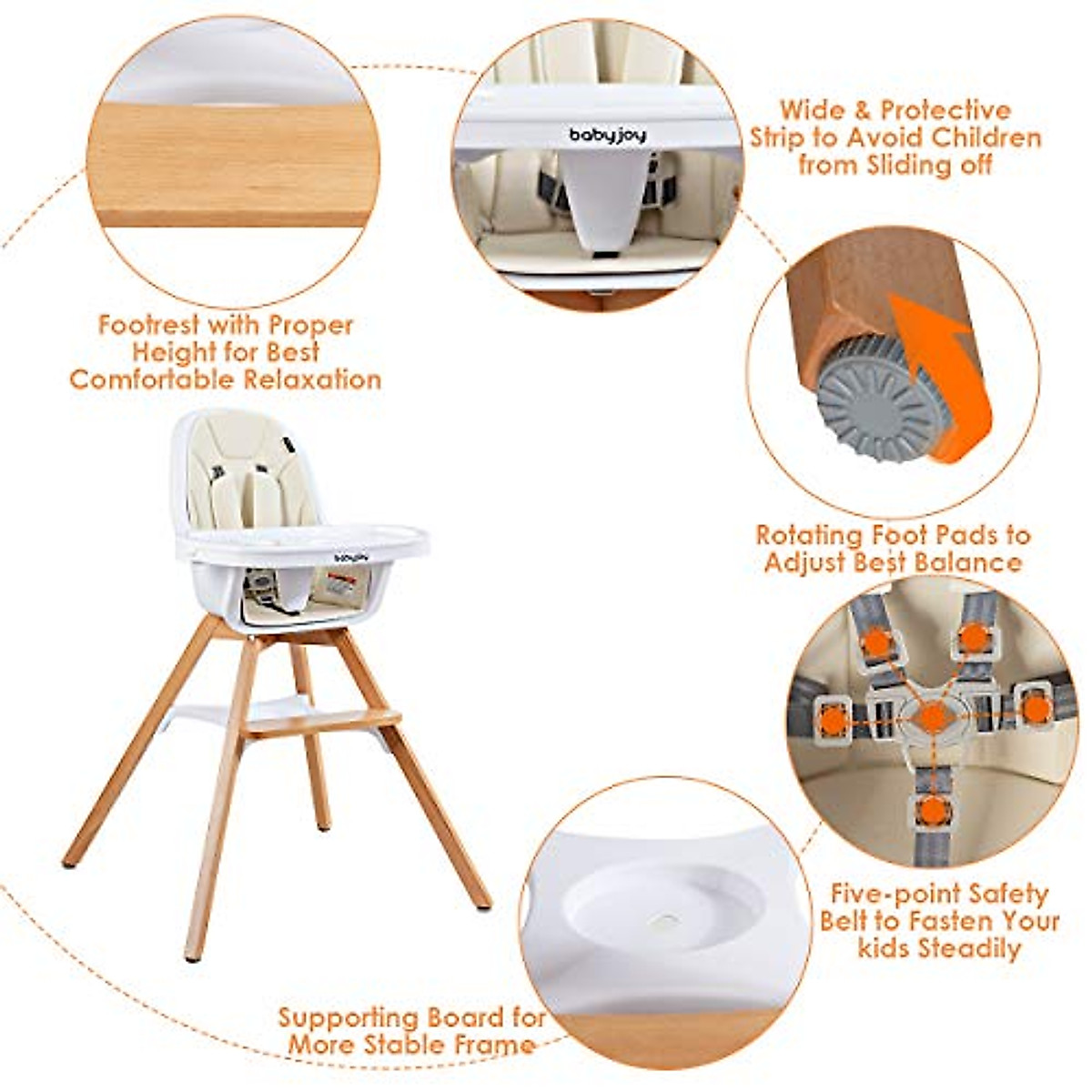 BABY JOY 3 in 1 High Chair, Baby Eat & Grow Convertible Wooden High Chair/Rocking Chair/Booster Seat/Toddler Chair, Infant Dining Chairs w/ Double Removable Tray, 5-Point Seat Belt & PU Cushion, Beige