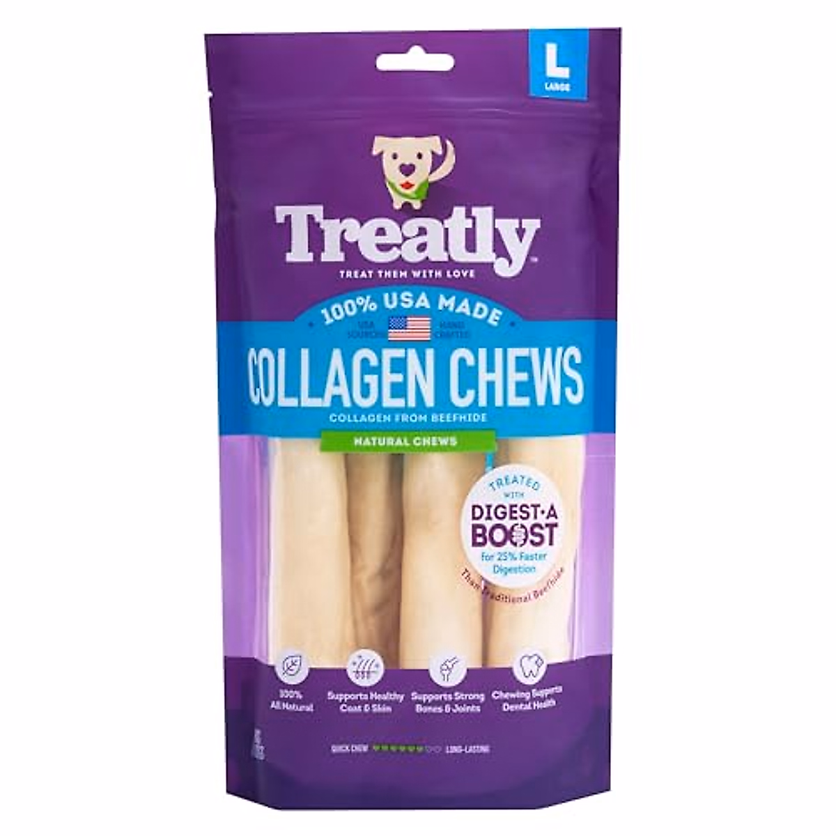 Treatly USA Collagen Rolls 9-10" Dog Chew Treats - Natural Flavor, 4 Count/1 Pack