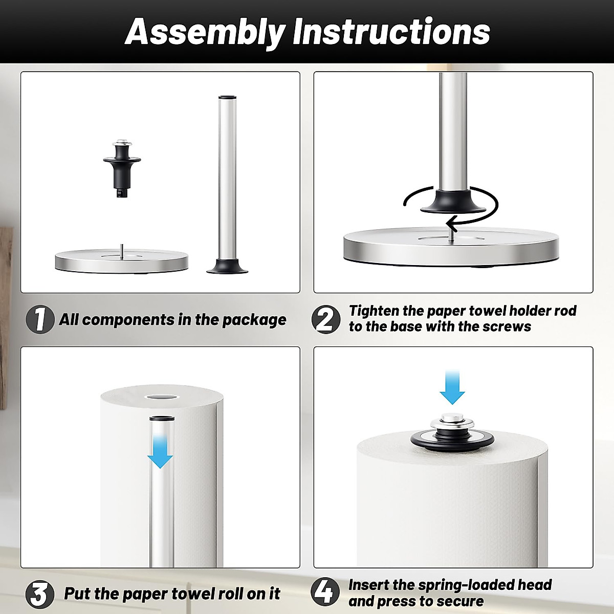 VEHHE Paper Towel Holder Countertop, Silver Paper Towel Holder Stand with Spring Damping for Kitchen Bathroom, One Hand Tear Paper Stainless Steel Paper Towel Holder with Weighted Base and Suction Cup