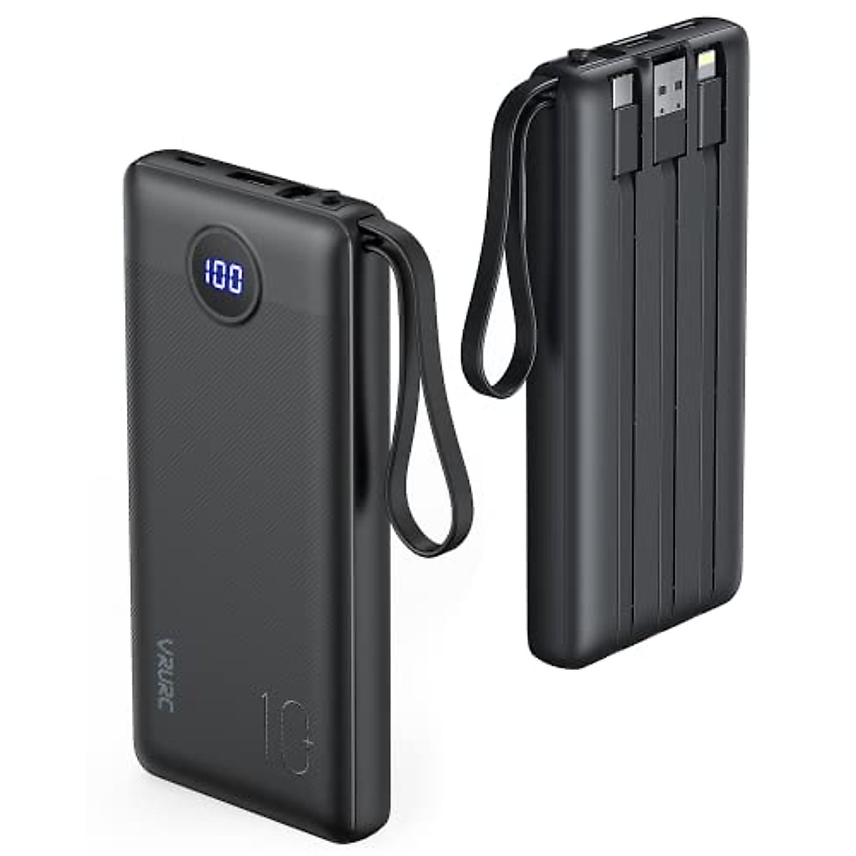 Portable Charger with Built in Cables,VRURC 10000mAh Ultra Slim USB C Power Bank,5 Output 2 Input LED Display External Battery Pack Phone Charger Compatible with Smart Devices and Cell Phones(1 Pack)