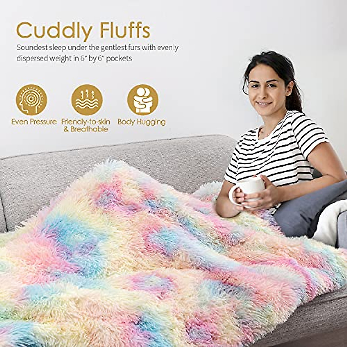 Mr. Sandman Faux Fur Weighted Blanket Queen Size 15 lbs, Luxury Elegant Long Fur Weighted Blanket Throw for Bed Sofa, Super Soft Warm Sherpa Reverse Heavy Blanket - 60"×80", Rainbow