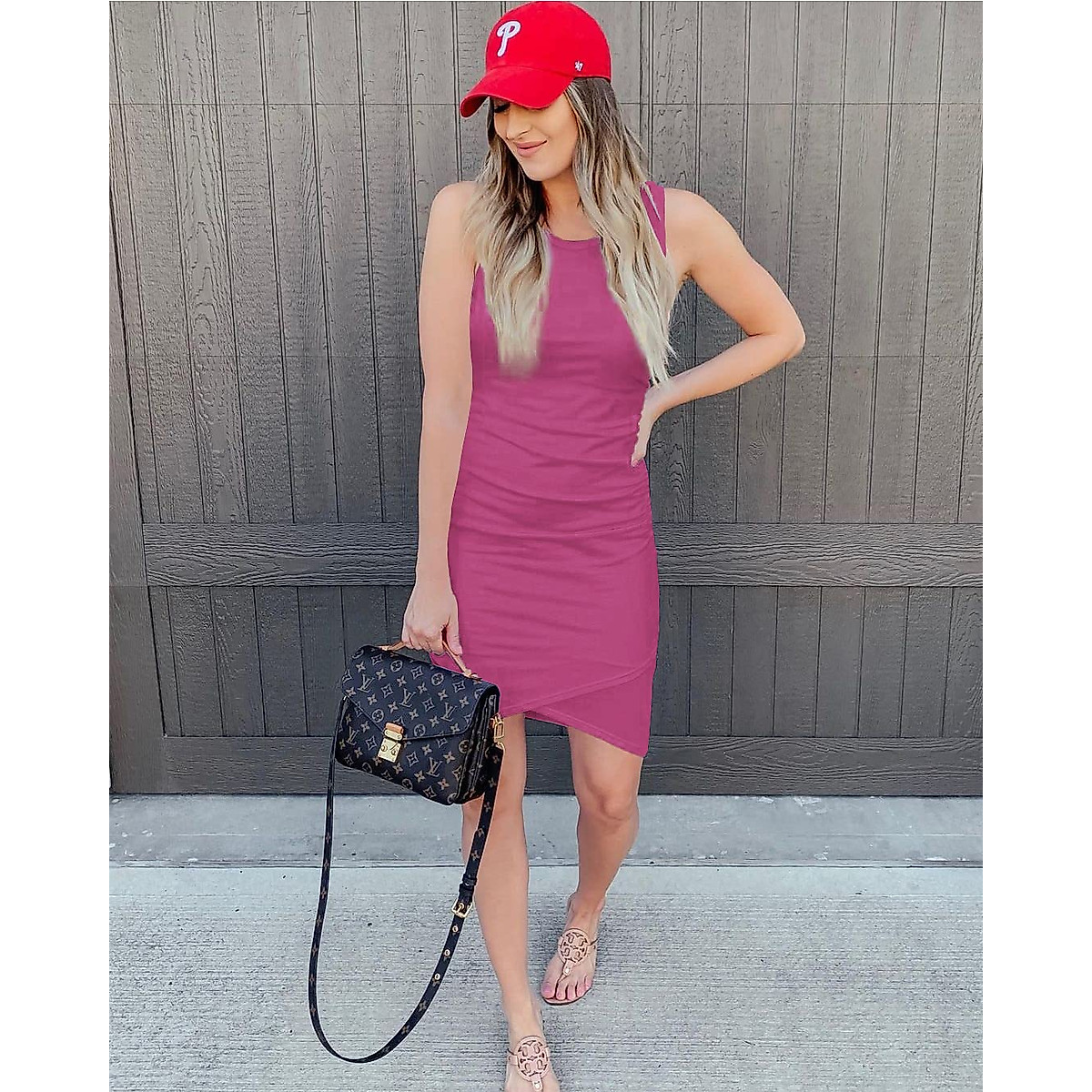 BTFBM Women 2025 Summer Sleeveless Tank Dresses Crew Neck Slim Fit Short Casual Ruched Bodycon Party Club Mini Dress(Purple Red, Small)