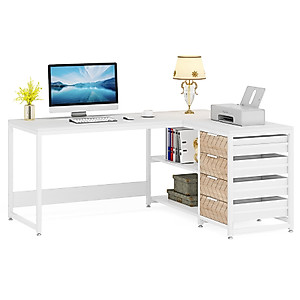 Tribesigns L Shaped Computer Desk with Storage Drawers, 59 inch Corner Desk with Shelves, Reversible L-Shaped Office Desk Study Writing Table Workstation for Home Office, White