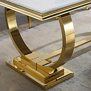 SSLine Modern White Marble Dining Table for 6-8 Rectangle 70" Faux Marble Kitchen Table for 6 Luxury Dining Room Table with Gold Mirrored Stainless Steel U Shape Pedestal Base for Home Office