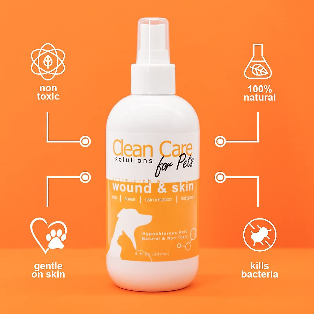 Clean Care Solutions Hypochlorous Acid Spray for Pets - Pet Wound and Skin Care - Non-Stinging, Natural Formula, Relieves Itching - 237ml