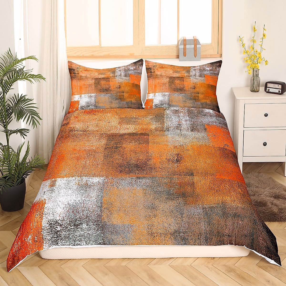 Erosebridal Orange Grey Duvet Cover Queen Size,Watercolor Ombre Bedding Set for Women Men,Oil Painting Comforter Cover,Vintage Minimalism Bed Sets with 2 Pillowcases Home Room Decor