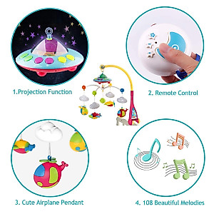 Baby Musical Crib Mobile with Light and 108 Melodies Music Box,Star Projector Function, Remote Control and Hanging Airplane Rattles Rotating,Gift Toy for Newborn