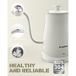 Keebar Electric Kettle, 100% Stainless Steel Tea Kettle, Electric Gooseneck Kettle with Auto Shut Off, Pour Over Kettle for Coffee & Tea, 0.8L,1000W,White