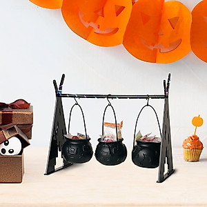NiHome Halloween Witch Cauldron Mini Set with LED Fairy Lights & Flame-Patterned Stand for Candy, Décor & More, Multi-Occasion Centerpiece Glossy Black Bowls for Halloween, Birthdays, Themed Parties