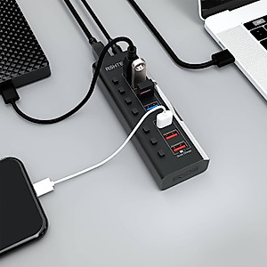Powered USB Hub RSHTECH 7 Ports USB 3.0 Hub with 4 High Speed Data Transfer Ports + 3 Fast Charging Ports,36W 12V/3A Power Adapter and Individual On/Off Switches(A37-Black)