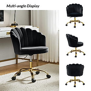 HULALA HOME Velvet Home Office Desk Chair, Modern Shell Back Makeup Vanity Chair with Wheels, Swivel Height Adjustable Cute Task Chair for Women Girls, Black