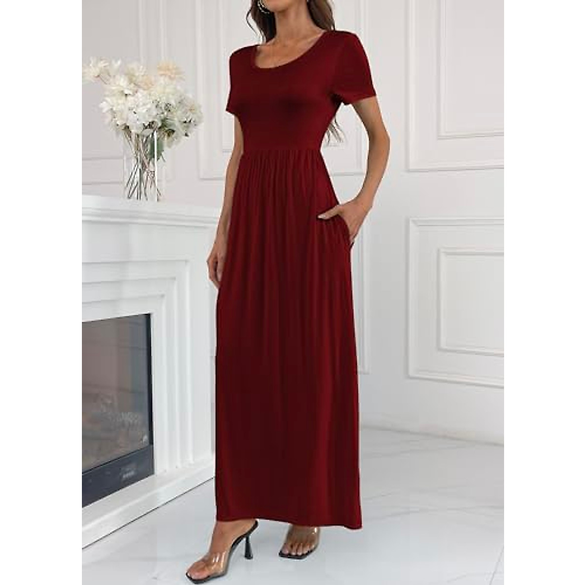 HAOMEILI Women's Short Sleeve Loose Plain Long Maxi Casual Dresses with Pockets L Wine Red