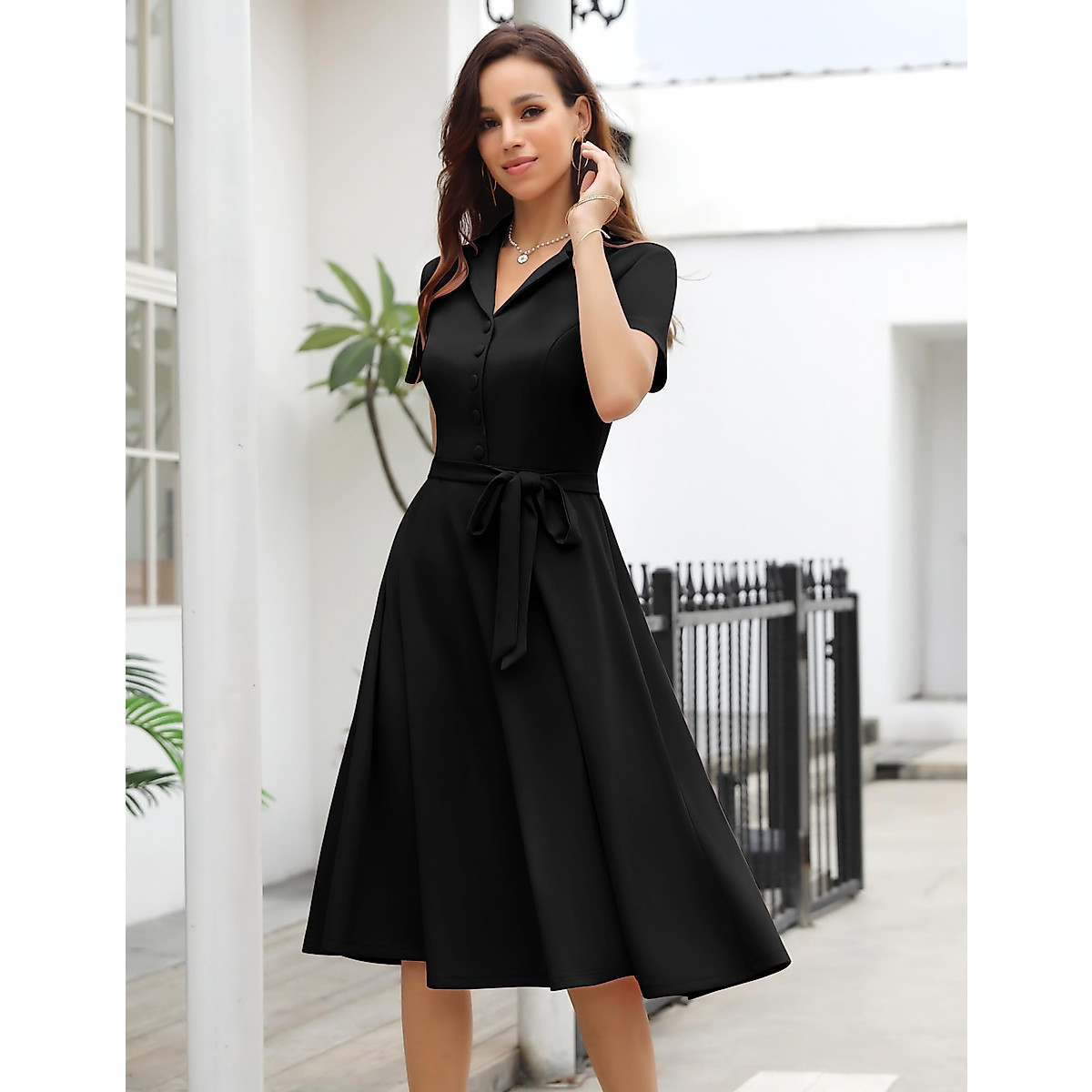 Wedtrend Vintage Women Tea Dress, A-Line Summer Retro Cocktail Party Dress for Church Work 50s Wedding Guest Dress A-Line Tea Party Dress Bridal Shower Dress with Sleeves WTP30001BlackS
