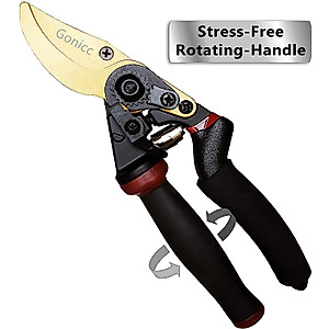 gonicc 8.5" Professional Rotating Bypass Titanium Coated Pruning Shears(GPPS-1014), Secateurs, Scissors, Pruners with Heavy Duty SK5 Blade. Soft Cushion Grip Handle for Everyone.