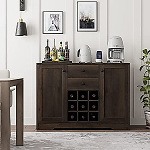 HOSTACK Coffee Bar Cabinet, Modern Farmhouse Buffet Sideboard Cabinet with Storage Drawers and Shelves, Liquor Cabinet with Removable Wine Rack for Kitchen, Dining Room, Living Room, Dark Brown