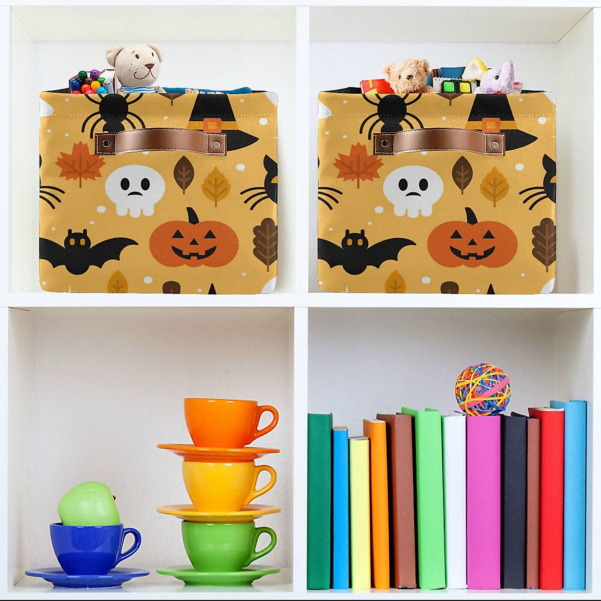 Large Foldable Storage Basket Halloween Spooky Skull Pumpkin Black Cat Storage Bin Canvas Toys Box Fabric Decorative Collapsible Organizer Bag with Handles for Bedroom Home