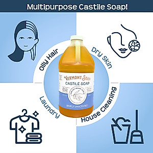 Vermont Castile Soap Unscented, Gentle Liquid Soap for Sensitive Skin & Natural Body Wash, Organic Hair Shampoo for Oily Hair, Aloe Castile Soap for Men & Women - 64 Oz