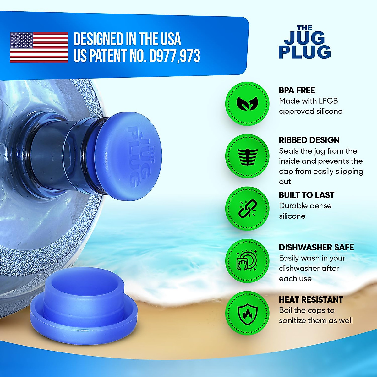 Jug Plug The Original 5 Gallon Water Jug Cap Reusable - No Spill Silicone 3 & 5 Gallon Water Jug Lid Fits 55mm Bottles with a 45mm Opening - Leak-Proof 5 Gal Water Jug Cap Replacement Cover - 3 Pack