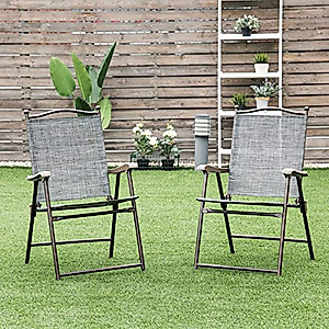 Giantex Set of 2 Patio Folding Chairs, Sling Chairs, Indoor Outdoor Lawn Chairs, Camping Garden Pool Beach Yard Lounge Chairs w/Armrest, Patio Dining Chairs, Metal Frame No Assembly, Grey