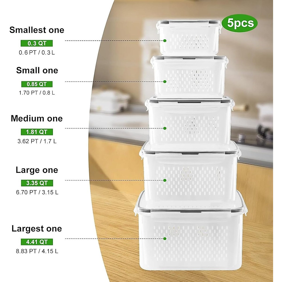 6 PCS Large Fruit Containers for Fridge - Leakproof Food Storage Containers with Removable Colander - Dishwasher & Microwave Safe Produce Containers Keep Fruits, Vegetables, Berry, Meat Fresh longer