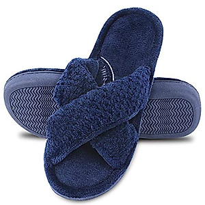 DL Women's Open Toe Cross Band Slippers, Memory Foam Slip on Home Slippers for Women with Indoor Outdoor Arch Support Rubber Sole, Navy, 7-8
