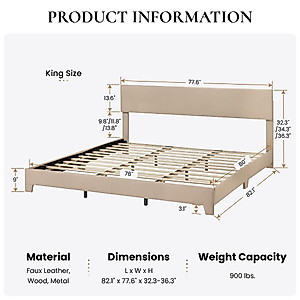SHA CERLIN Upholstered King Size Bed Frame with Adjustable Headboard, Stable Mattress Foundation, Strong Back-Support, No Box Spring Needed, Beige