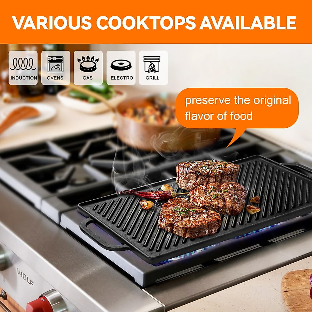 GGC Cast Iron Reversible Griddle, Double-sided Griddle Pan for Indoor and Outdoor Cooking, 15 x 9 Griddle Plate with Flat and Ribbed Side for Stove Tops, Gas Grills and Camping