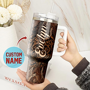 WAZONE Personalized Elephant 40oz Tumbler with Handle and Straw Custom Name Animal Wooden Drawings Stainless Steel Travel Coffee Cup With Lid Gifts for Elephants Lover Men Women Teen