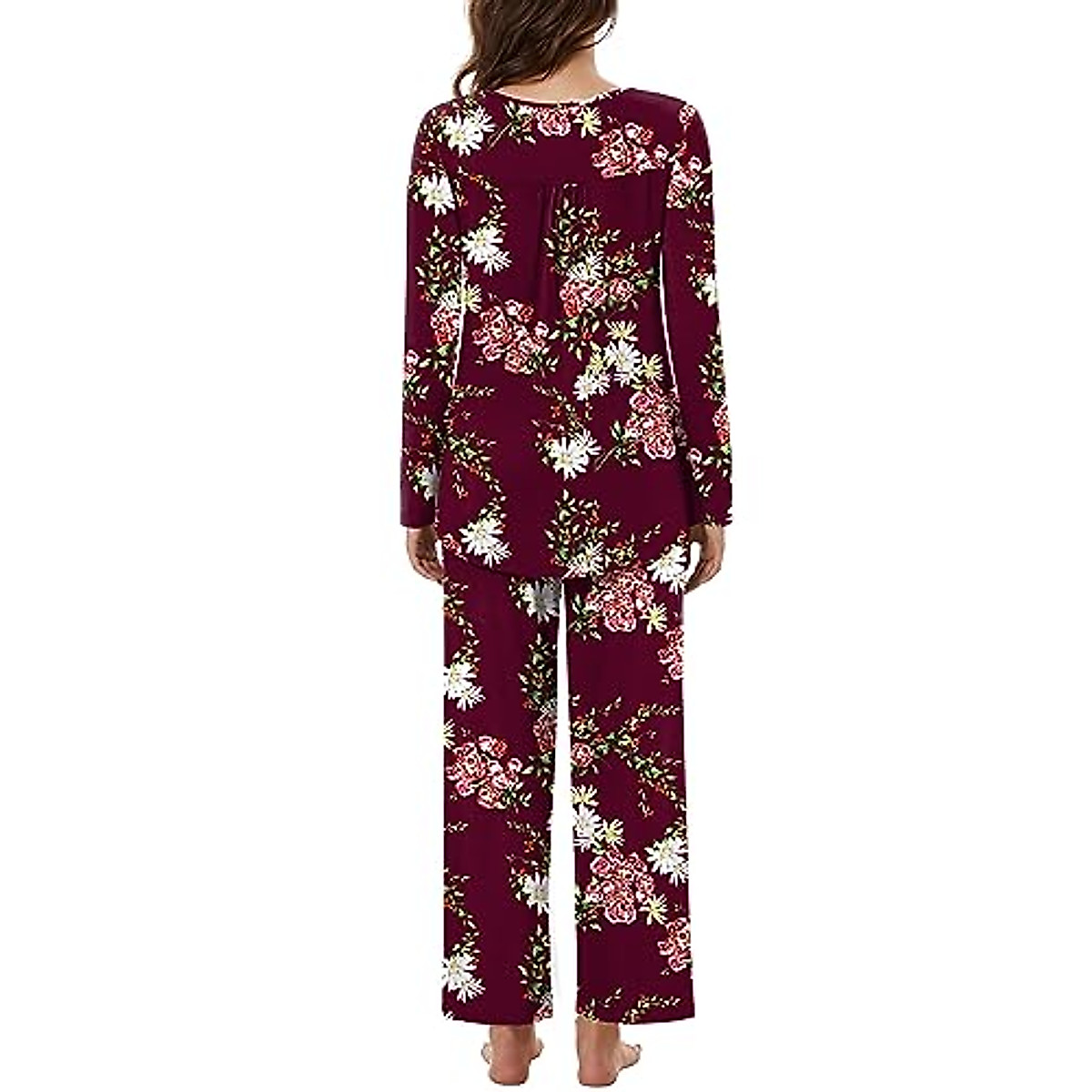 Bestbee Womens Pajama Set, 2 Piece Lounge Outfits Pleated Sleepwear Sets Long Sleeve With Pockets Ladies Pjs, M, Floral Wine