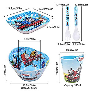 Finex Thomas the Train 5 Pcs Set Children Cartoon Durable Tableware Meal Dishes Mealtime Food Feeding Eating Set includes Dinner Serving Bowl Plate Cup with a Matching Spoon and Fork for Kids