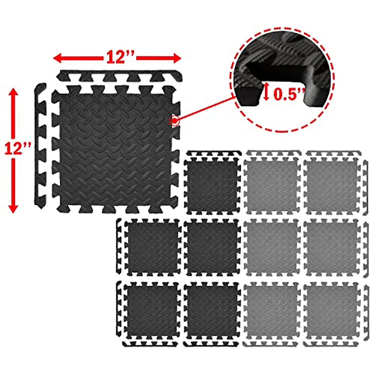 A2ZCARE Puzzle Exercise Mat with EVA Foam Interlocking Tiles - Interlocking Floor Mats for Gym Equipment - Ideal for Home Gym, Aerobic, Yoga and Pilates (Black and Gray (12pcs with Border Tiles))