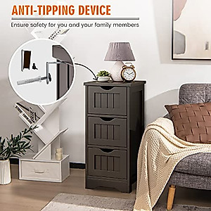 Giantex Bathroom Floor Cabinet - Small Bathroom Storage Cabinet with 3 Removable Drawers & Anti-Toppling Device, Freestanding Side Storage Organizer for Bathroom Living Room Bedroom (Brown)