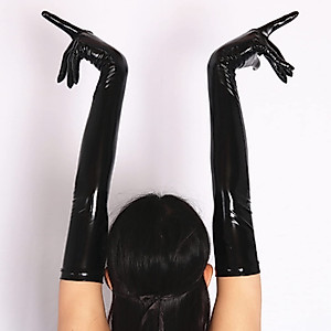 Loloda Women's PVC Latex Thigh High Stokings Sexy Tights with Moulded Full Fingers Gloves Set Black X-Large