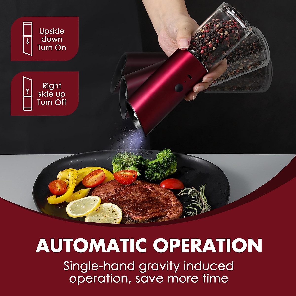 Vzaahu Gravity Electric Pepper and Salt Grinder Set of 2 - Rechargeable, Refillable, Adjustable Coarseness, Stainless Steel Salt Pepper Mill with LED light - One Hand Operation (Red)