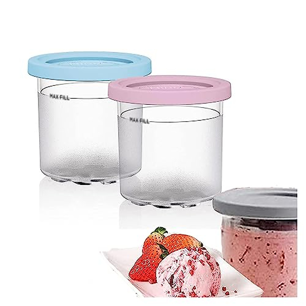 EVANEM 2/4/6PCS Creami Pints, for Ninja Pints,16 OZ Creami Deluxe Pints Airtight and Leaf-Proof for NC301 NC300 NC299AM Series Ice Cream Maker,Pink+Blue-2PCS