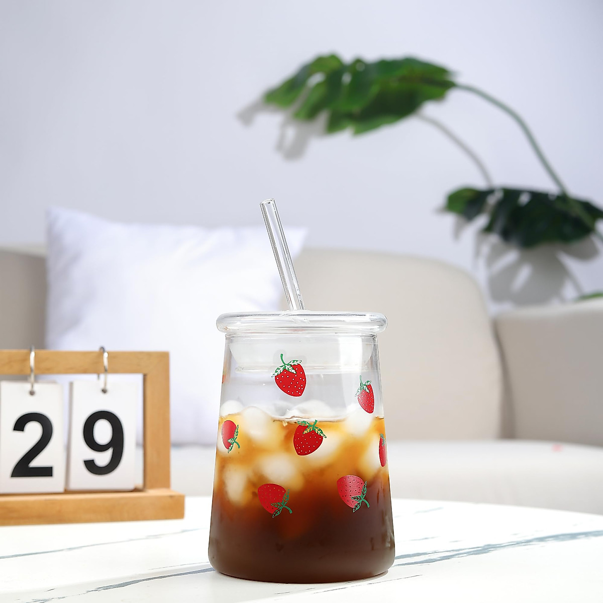 Joeyan Glass Tumbler with Lid and Straw,Iced Coffee Cups with Red Strawberries Pattern,Clear Cute Drinking Jars,Water Juice Beverages Soda Glasses,20 oz