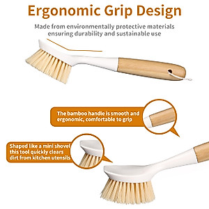 2 Pack Kitchen Dish Brush Bamboo Handle Dish Scrubber Built-in Scraper, Scrub Brush for Pans, Pots, Kitchen Sink Cleaning, Dishwashing and Cleaning Brushes are Perfect Cleaning Tools, White