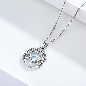 OHAYOO Triple Moon Goddess Necklace 925 Sterling Silver Celtic Moonstone Pendant Necklace Triple Moon Goddess Jewelry for Women