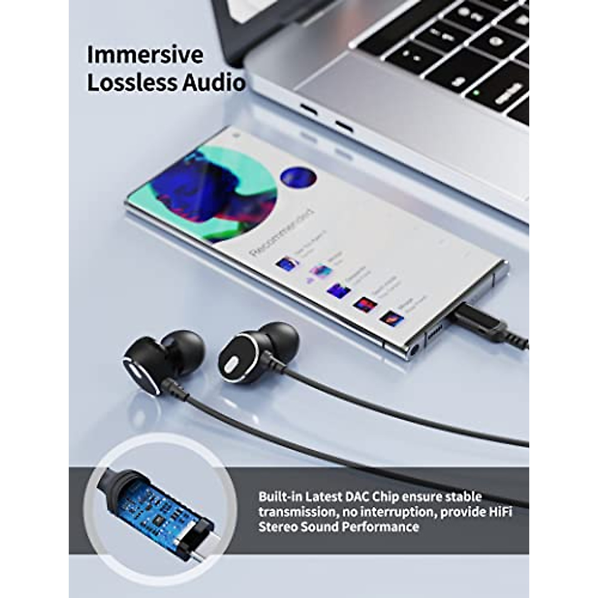 ACAGET USB C Headphones for Galaxy S23 Ultra S22 Plus Type C Earphones Noise Cancelling Wired Headphone Digital DAC HiFi Stereo in Ear Earbuds for Samsung A53 S21 S20 FE Pixel 7 Pro 6A iPad Pro Black