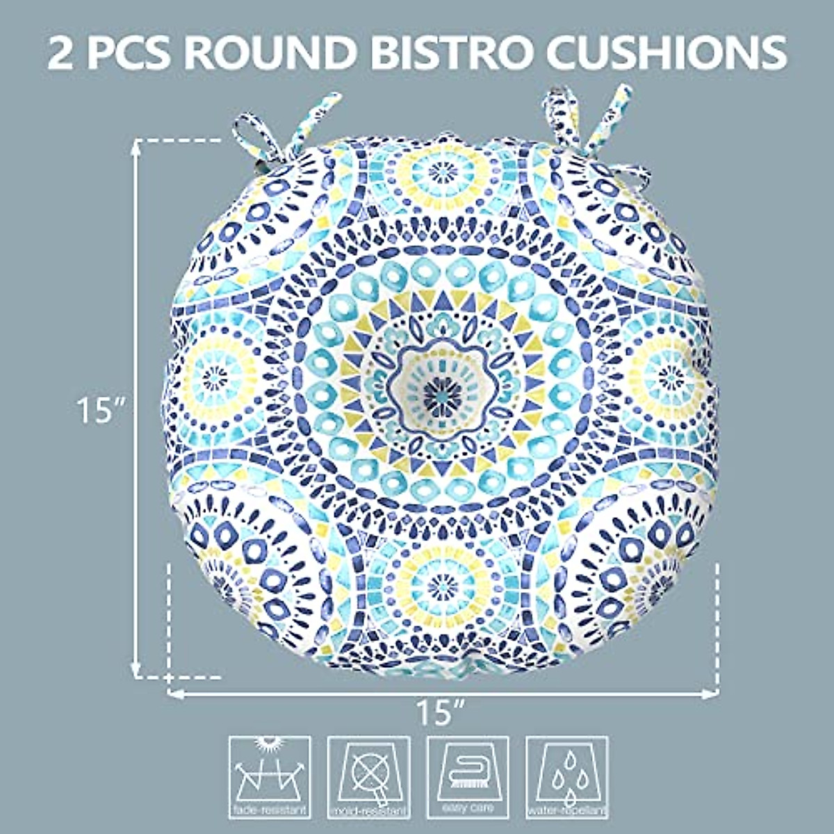 LVTXIII Outdoor All Weather Bistro Seat Cushions, Comfortable Fluffy Tufted Patio Chair Cushions Round 15"x15"x4" Set of 2 for Home Garden Furniture, Delancey Lagoon