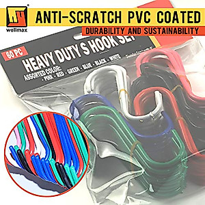 Wellmax 60PCS S Hooks for Hanging, Heavy Duty S Shaped Hooks, Colored Metal S Hook Set for Hanging Plants, Closet, Kitchen, Pot Rack, and pots and Pans. 5 inches Long and 6mm Thick