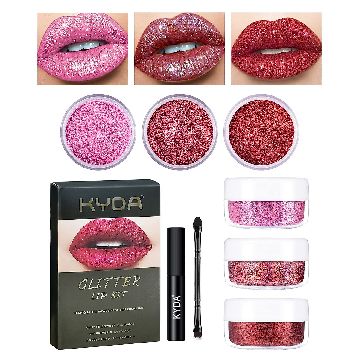 FREEORR 3 Colors Glitter Lip Kit, Diamond and Glitter Metallic Lip Powder with Lip Primer, Waterproof Long Lasting & Smudge Proof, Shimmer Sparkly Glitter Lip Cosmetic without Sticky Flake Off Set A