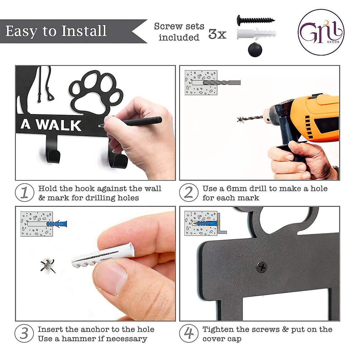 Dog Leash Holder for Wall - Leash Holder Wall Mount 15"x8" - Key Holder for Wall Decorative - Key Rack Gift for Dog Lovers - Dog Leash Hooks for Wall - Dog Mom Gifts for Women